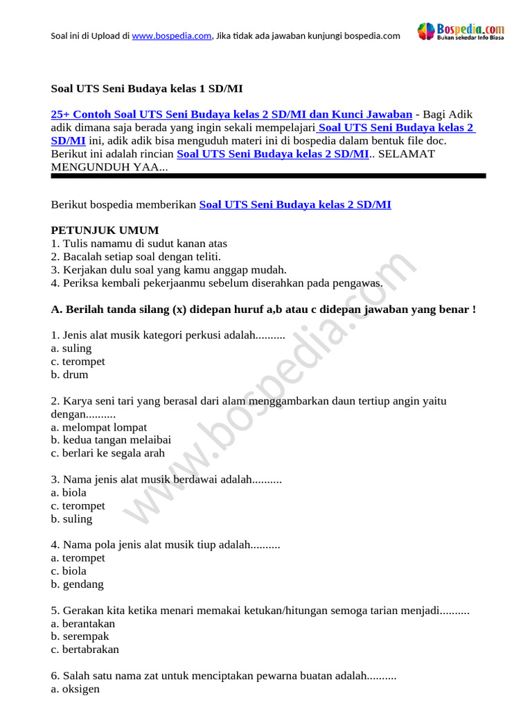 25+ Contoh Soal UTS Seni Budaya kelas 2 SD MI dan Kunci Jawaban | PDF