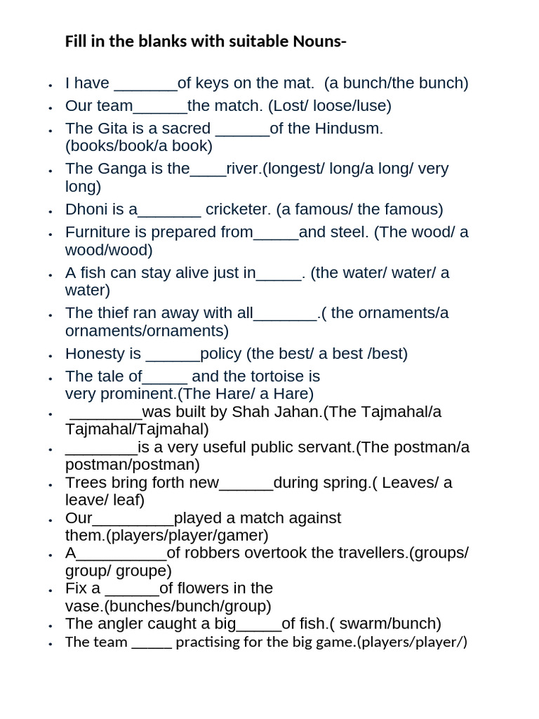 Noun Fill-in-the-Blank Exercises | PDF