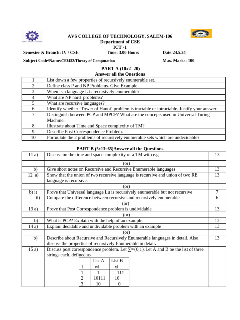Ict Toc Pdf Computational Complexity Theory Theory Of Computation 0891