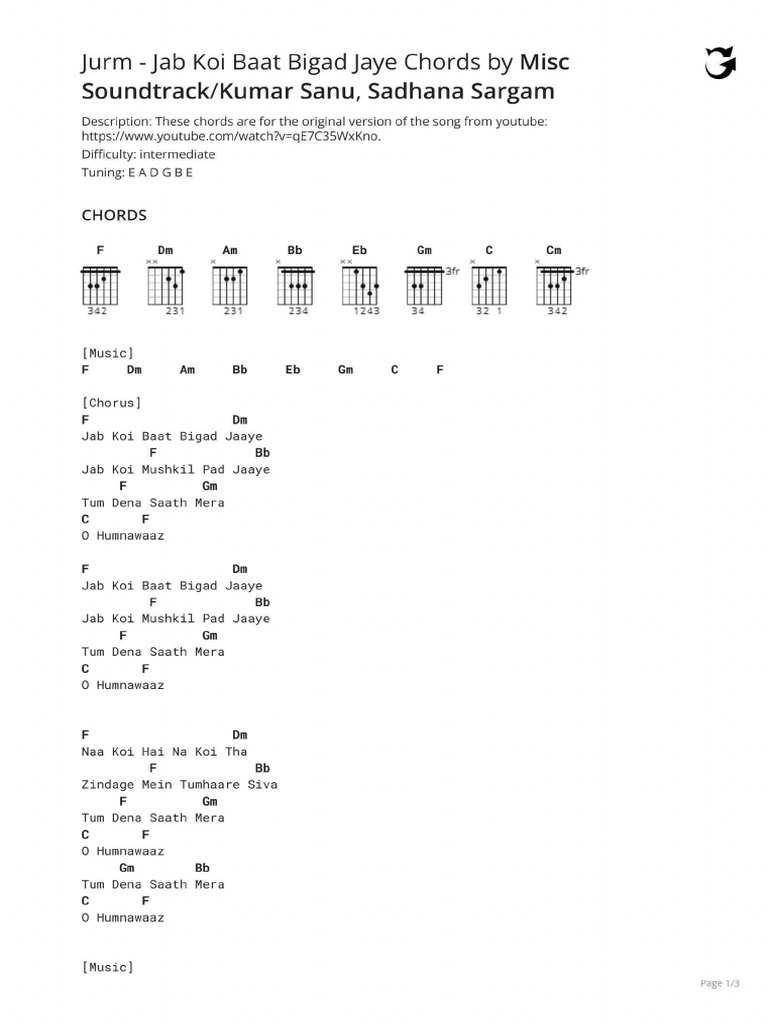 Jurm - Jab Koi Baat Bigad Jaye Chords | PDF