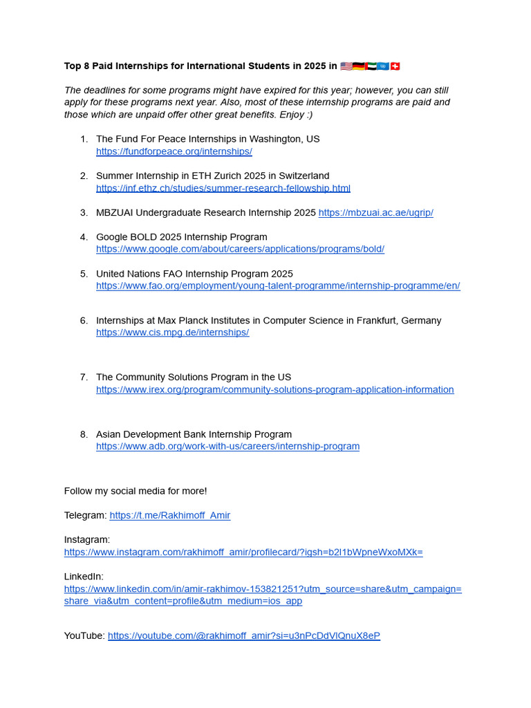 Top Internships for Intl Students 2025 | PDF