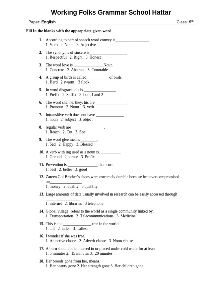 English Grammar Quiz for 9th Grade | PDF | Noun | Verb