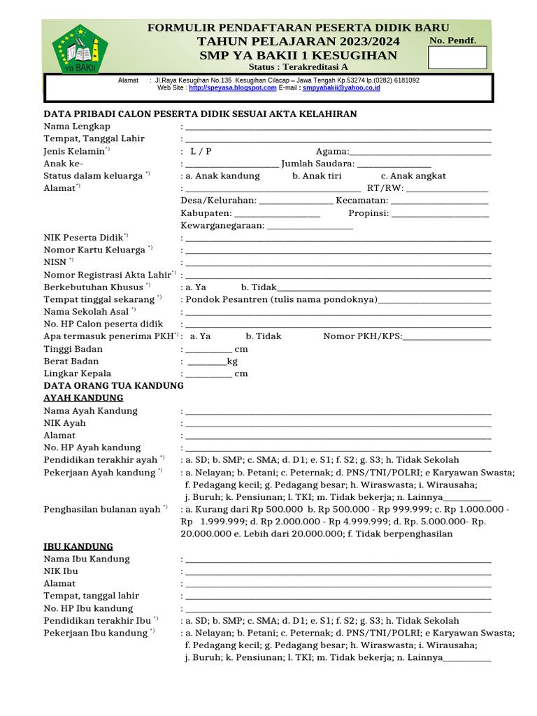 Formulir Pendaftaran Peserta Didik Baru Fix | PDF