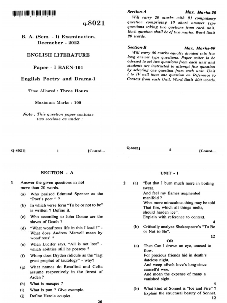 Ba 1 Sem English Literature p1 English Poetry and Drama 1 Q 8021 Dec ...