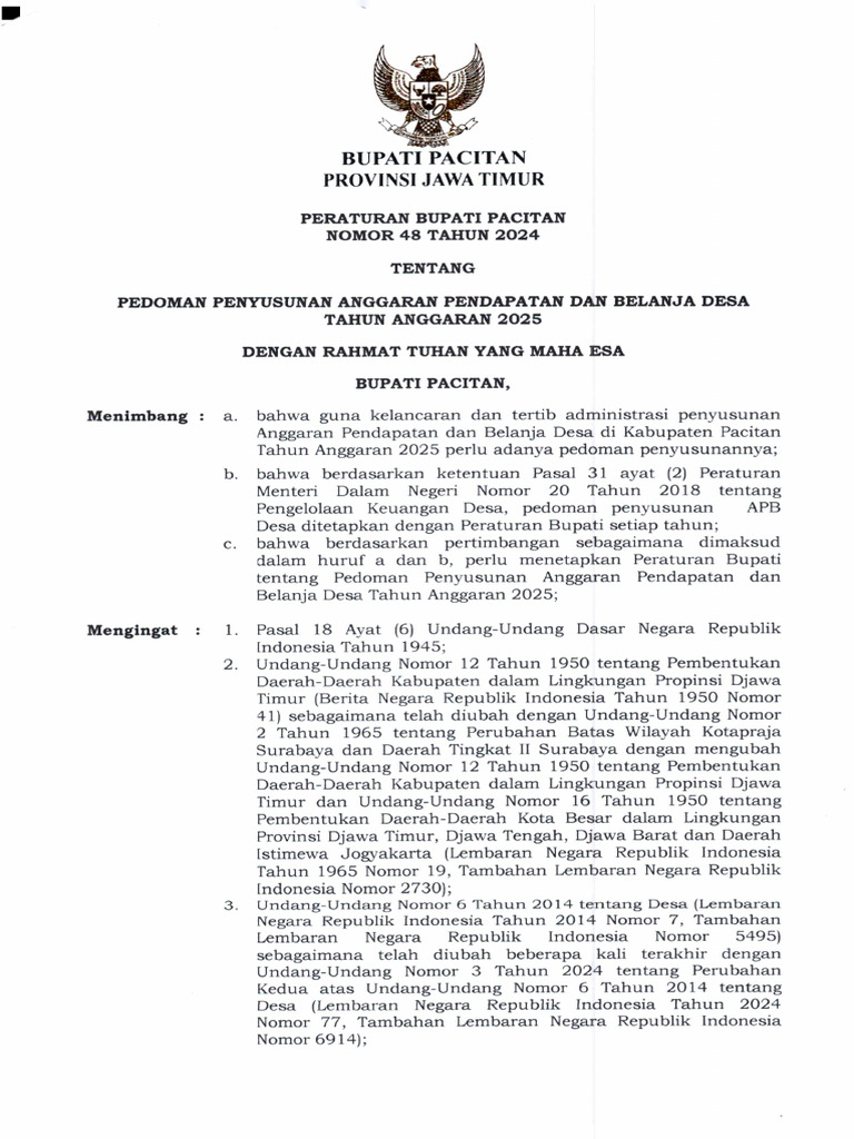 Peraturan Bupati Pacitan Nomor 48 Tahun 2024 Tentang Penyusunan APBDesa TA 2025 | PDF