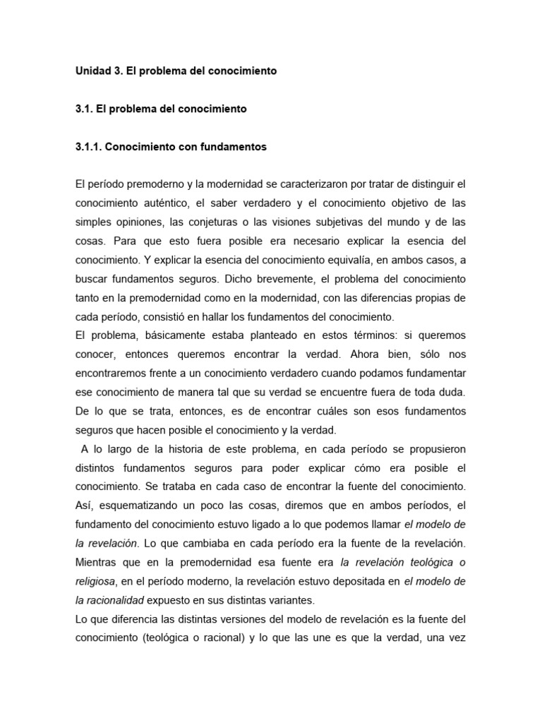 Unidad 3. El Problema Del Conocimiento | PDF | Conocimiento | Verdad
