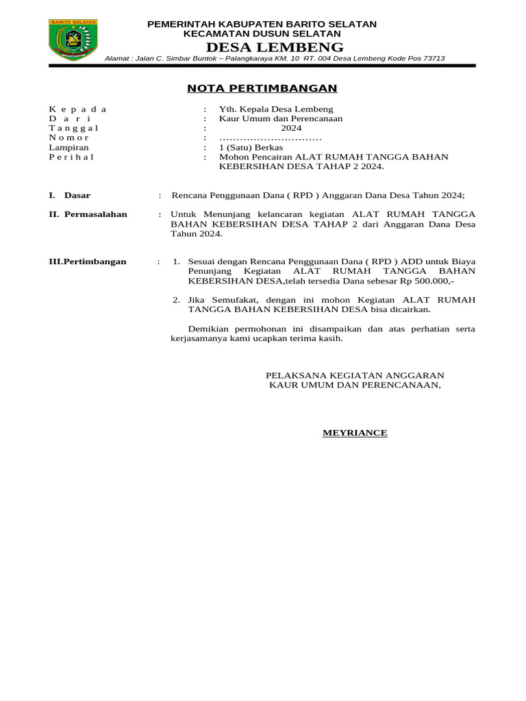 Nota Pertimbangan Alat Kebersihan | PDF