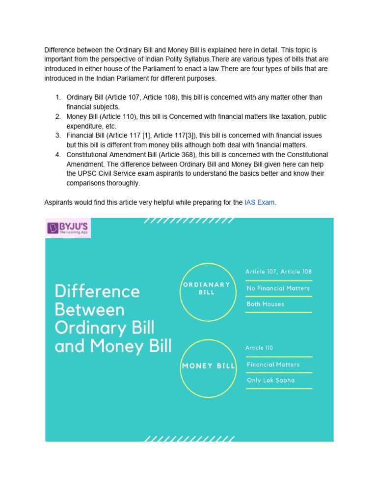 Ordinary vs Money Bill Explained | PDF | Bill (Law) | Political Law