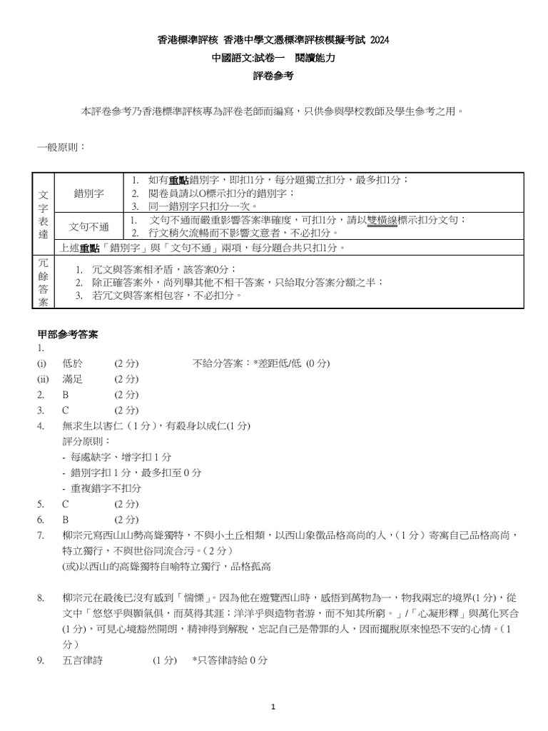 HKSA 2024 - Chinese - Paper 1 - Marking | PDF