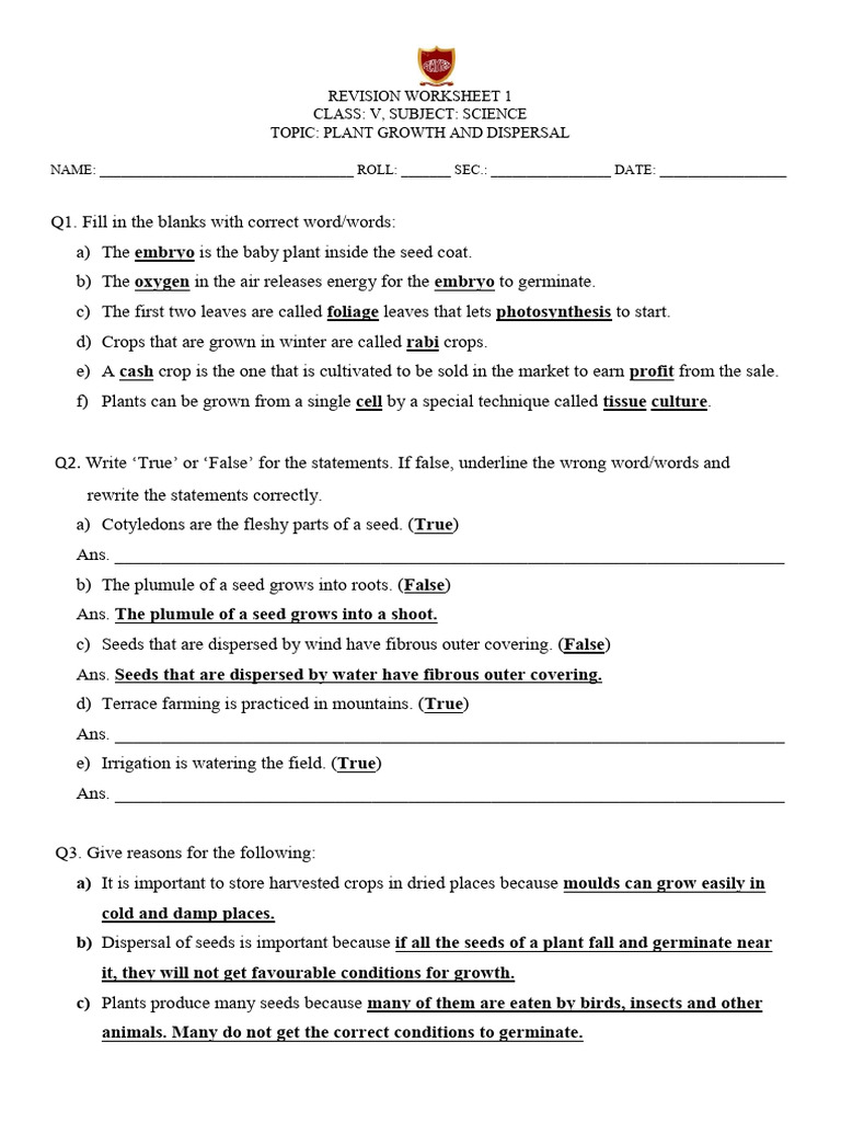 Revision Worksheet 1 On Plant Growth and Dispersal Nov 2024 (Answer Key ...