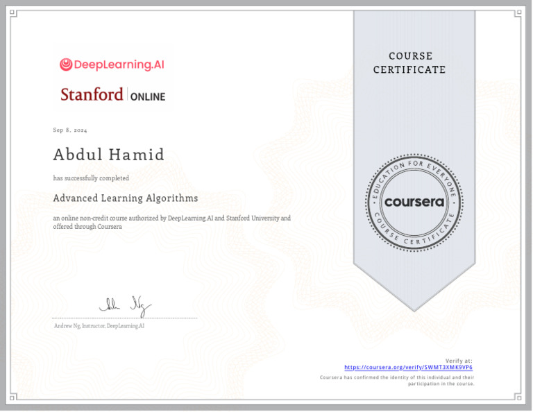 Course2 Advancelearning Algorithm Certificate | PDF