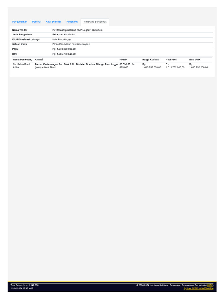 LPSE Kabupaten Probolinggo - Informasi Tender - Satria Bumi Artha | PDF