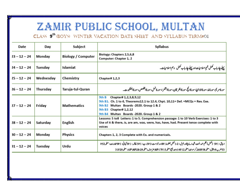 Class 9th Date Sheet With Syllabus | PDF