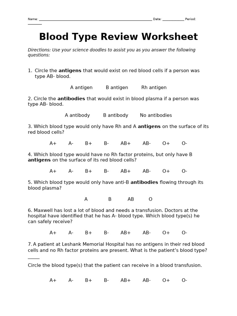 Blood Type Review Worksheet | PDF | Blood Type | Diseases And Disorders