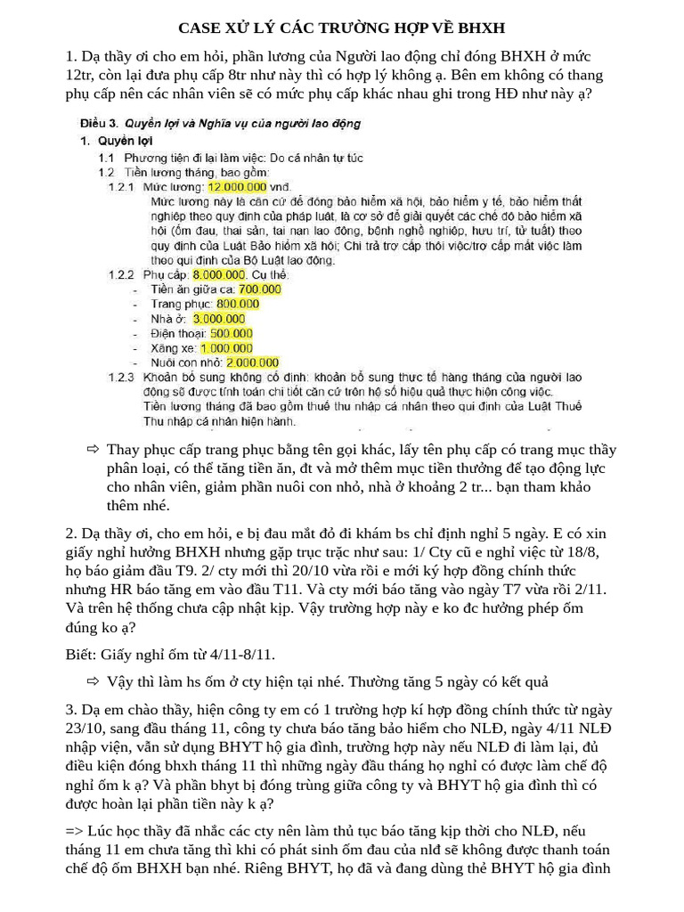 CASE XỬ LÝ CÁC TRƯỜNG HỢP VỀ BHXH | PDF