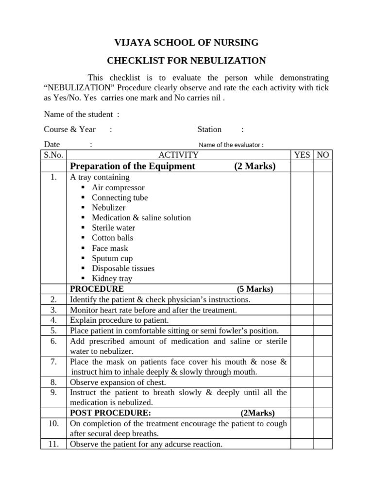 Nebulization Procedure Checklist | PDF