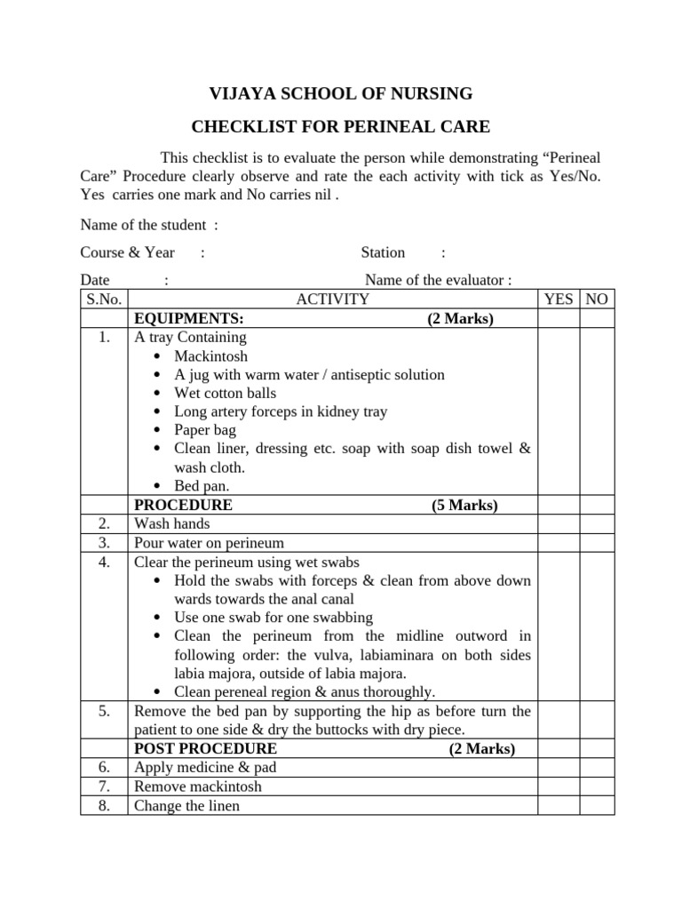 Perineal Care Checklist for Nursing Students | PDF