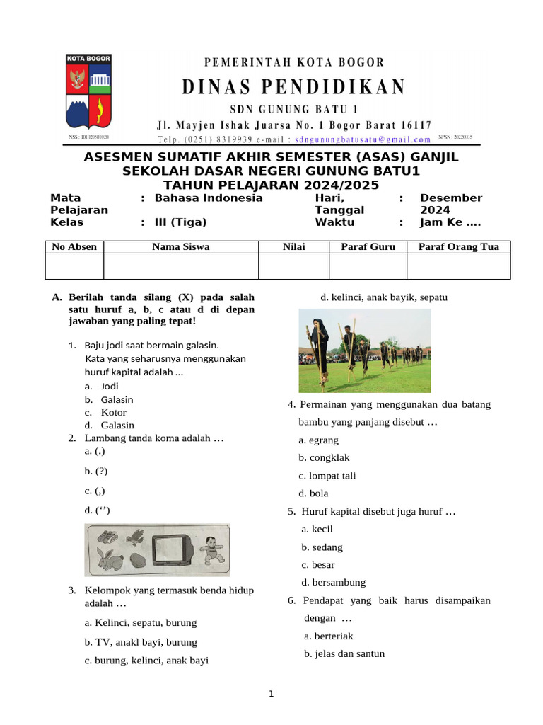 ULANGAN SAS KELAS 3 B.INDO 2425 | PDF