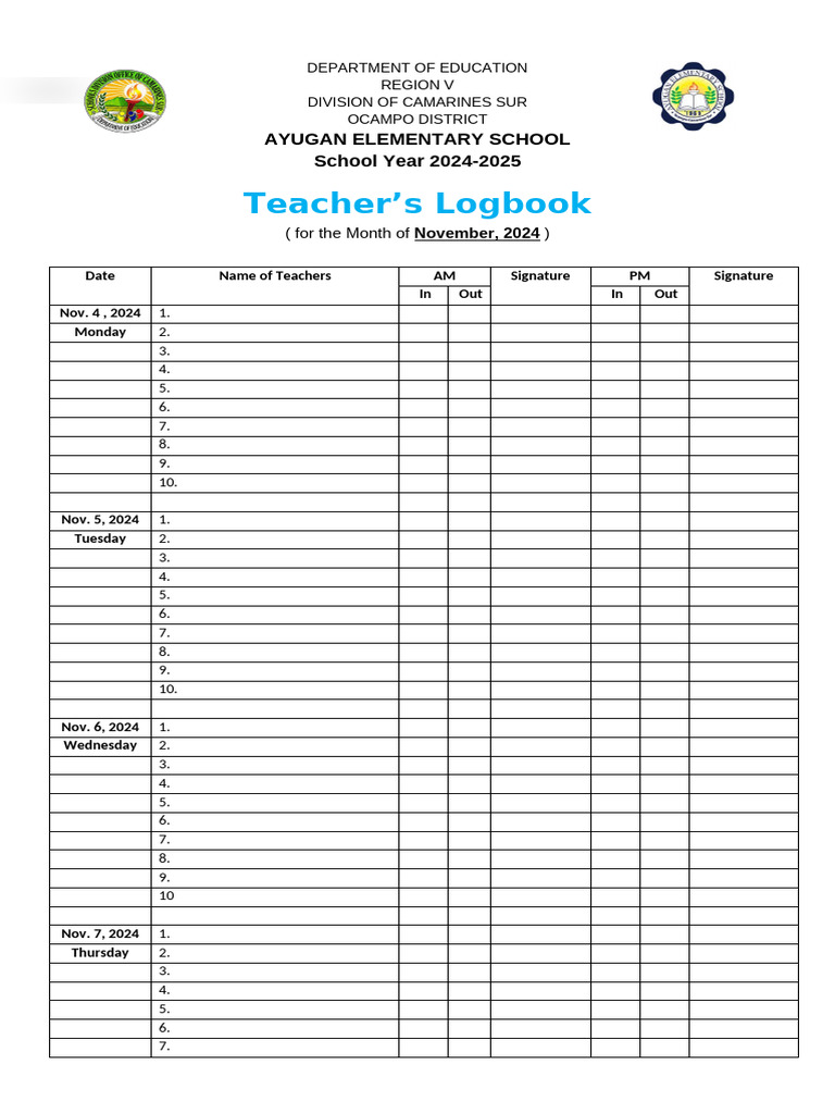 Teachers Logbook SY 2023 2024 | PDF