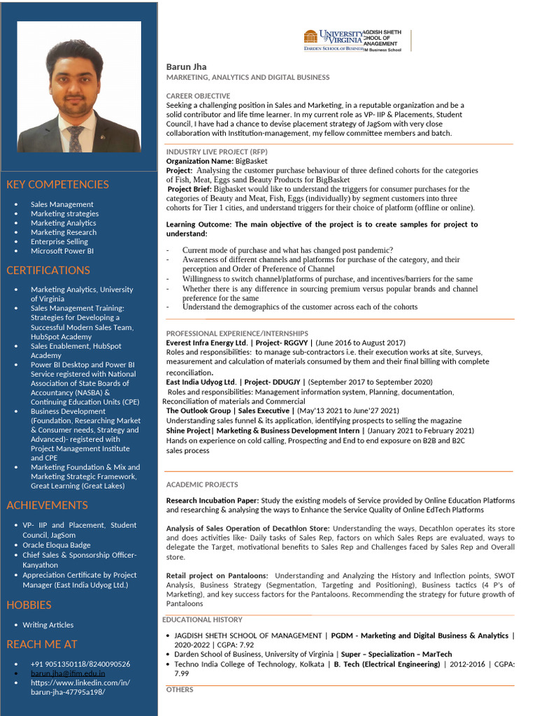Barun Jha CV JagSom Aditya Birla | PDF | Marketing | Marketing Strategy