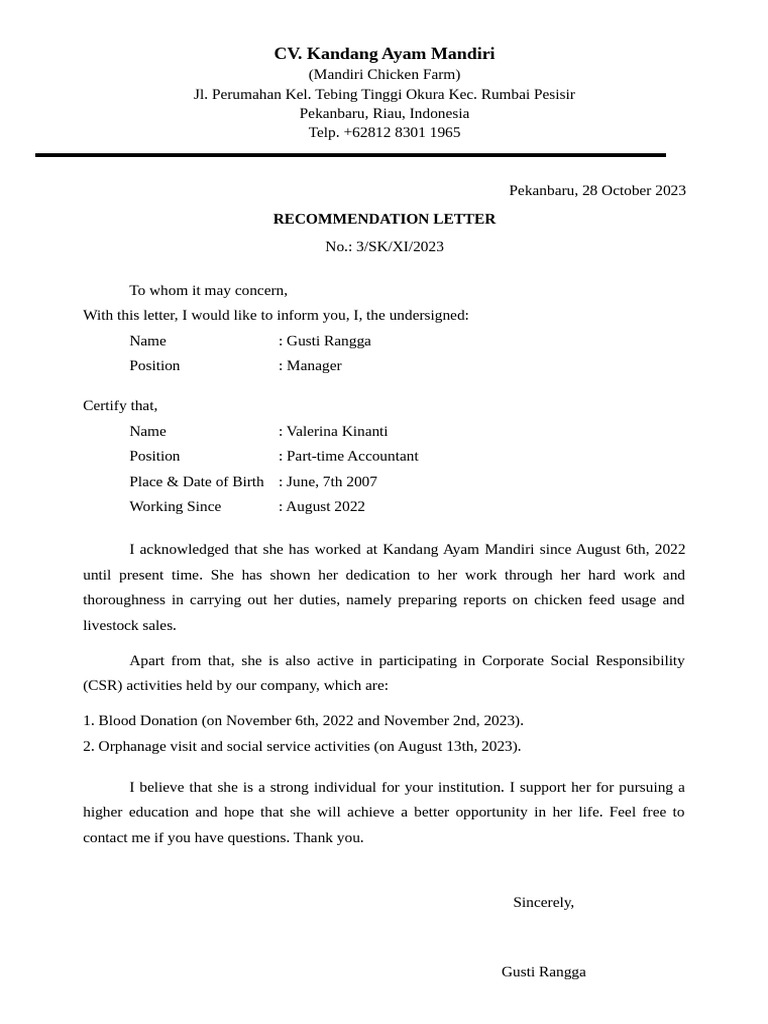 reccomendation letter kandang ayam mandiri | PDF