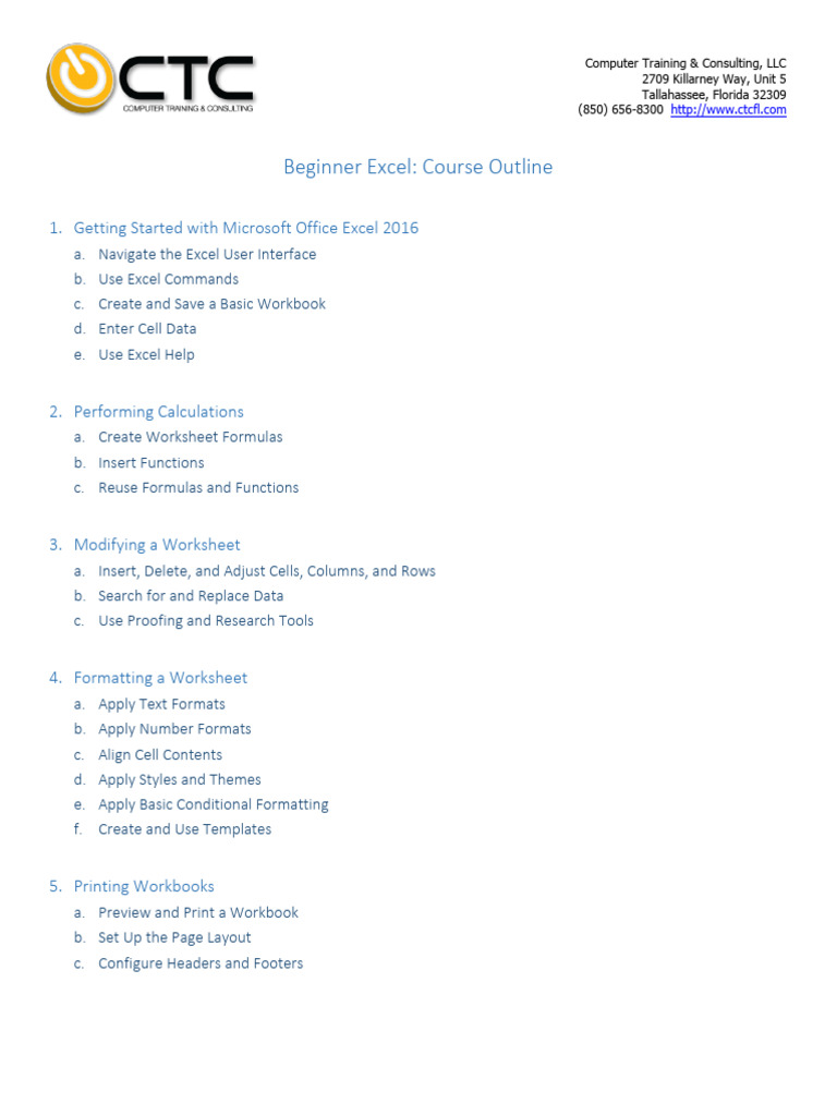 Beginner Excel Course Outline | PDF