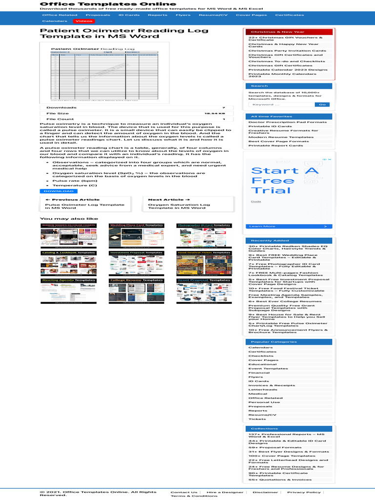 Patient Oximeter Reading Log Template in MS Word | PDF
