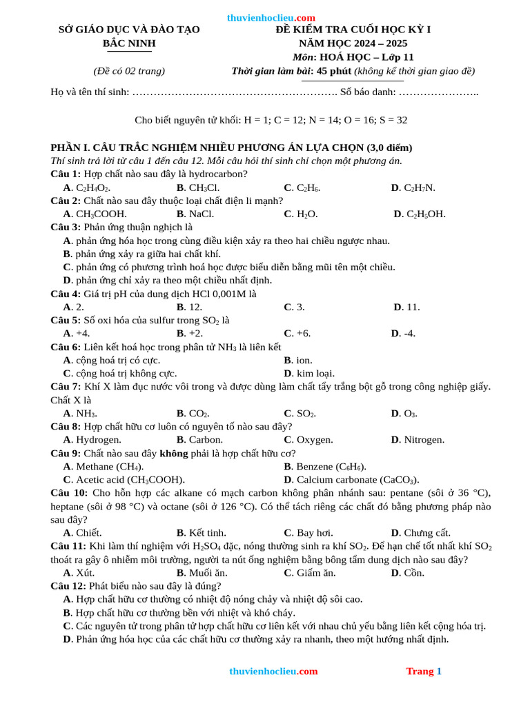 thuvienhoclieu.com-De-kiem-tra-cuoi-HK1-Hoa-11-SO-GD-Bac-Ninh-24-25 | PDF