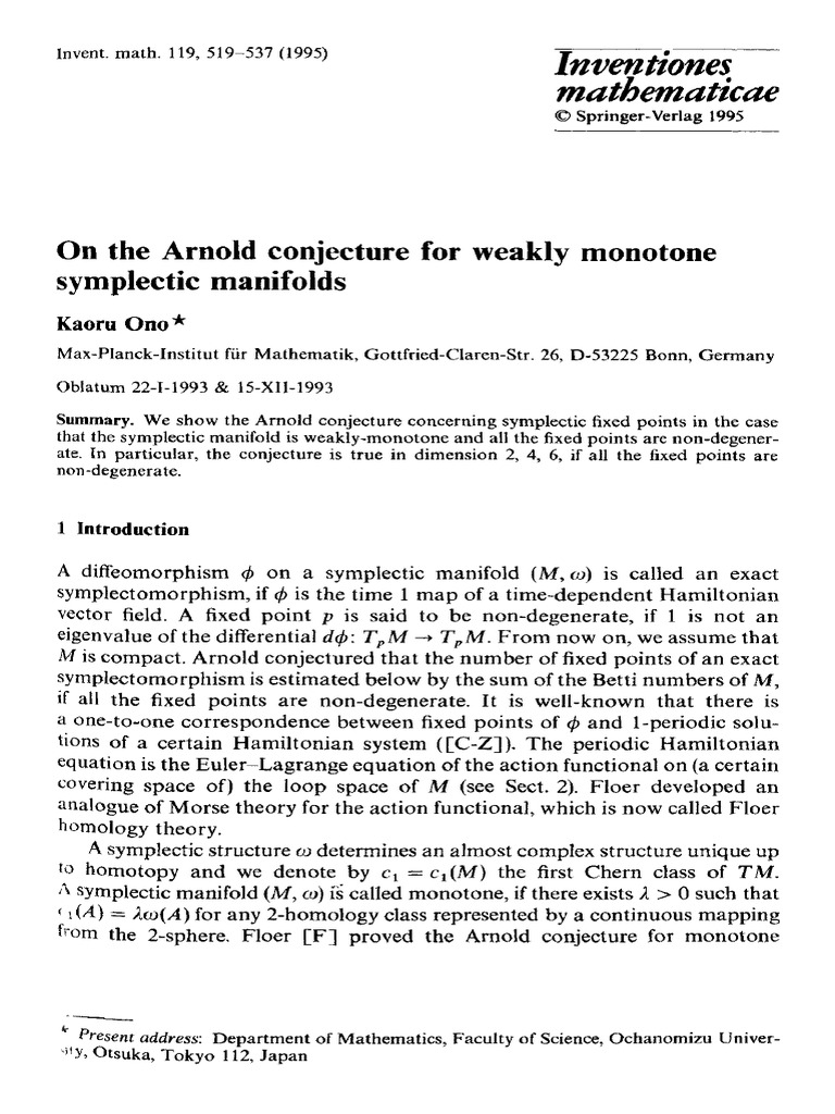 Arnold Conjecture on Weakly Monotone Manifolds | PDF | Mathematical ...