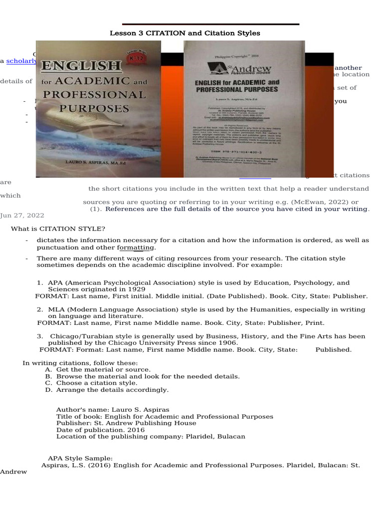 EAPP Q2 L3 Citation Styles | PDF | Citation | Apa Style