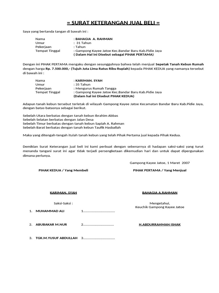Surat Keterangan Jual Beli Kayee Jatoe Tanah | PDF