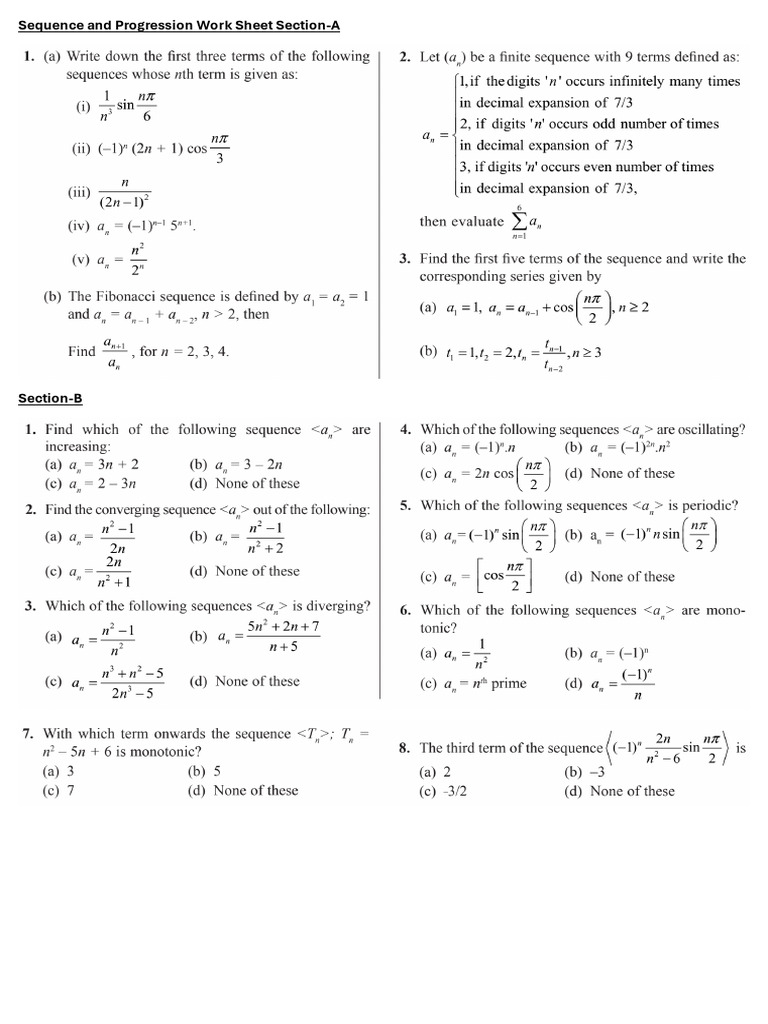 Sequence and Progression Work Sheets | PDF