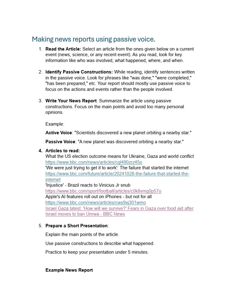 Making News Reports Using Passive Voice - Assessment | PDF