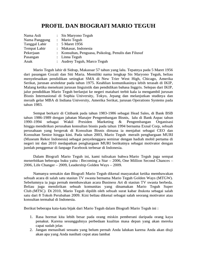 PROFIL DAN BIOGRAFI MARIO TEGUH | PDF