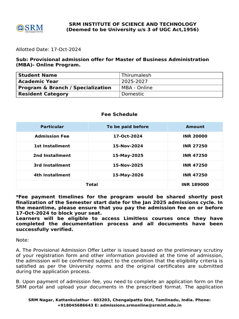 Thirumalesh Offer Letter SRM-MBA-Online | PDF | University And College ...