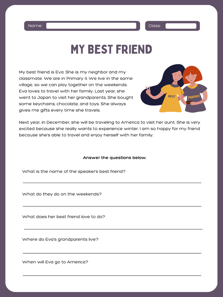 Best Friend Reading Comprehension Worksheet in Grey White Printable ...
