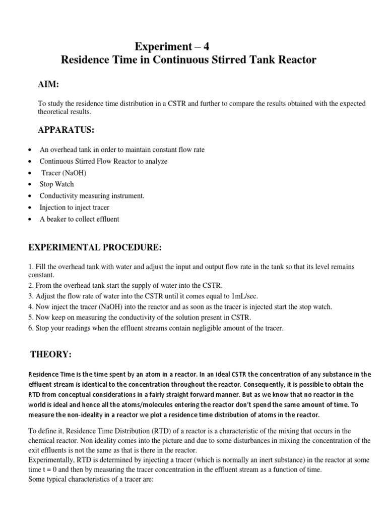 CSTR Residence Time Distribution Study | PDF | Chemical Engineering ...