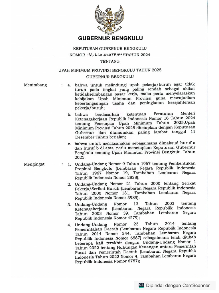 UMP 2025 Bengkulu | PDF