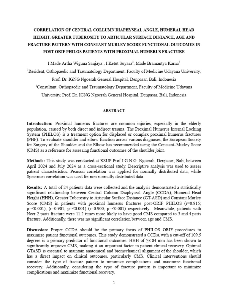 4. Correlation of Central Collumn Diaphyseal Angle, Humeral Head Height ...