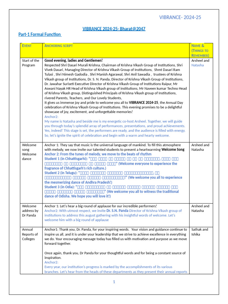 Vibrance 2024-25 Formal Meeting Script | PDF