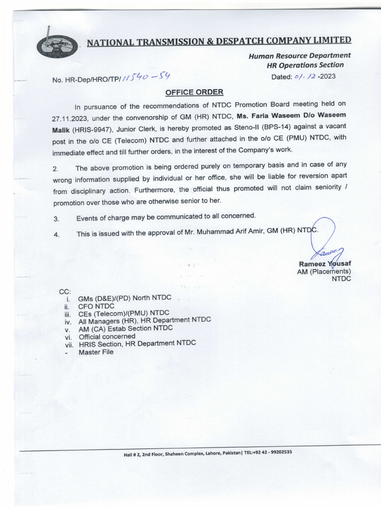NTDC Promotion Order for Steno-ll | PDF