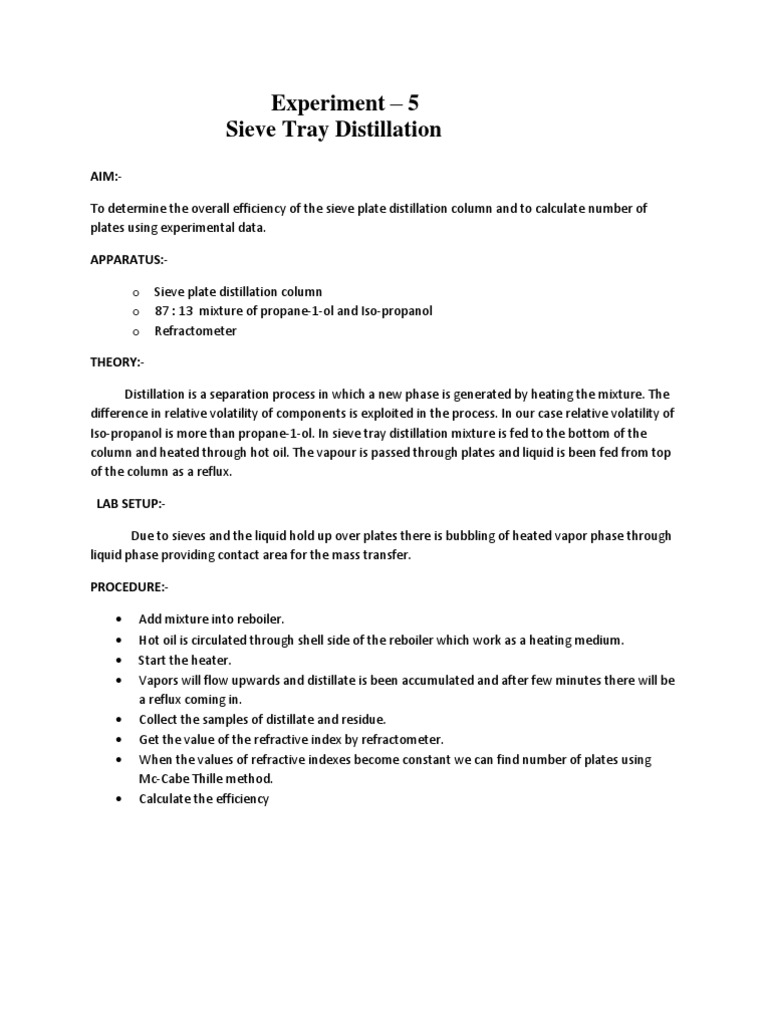 Sieve Plate Distillation | PDF | Distillation | Separation Processes