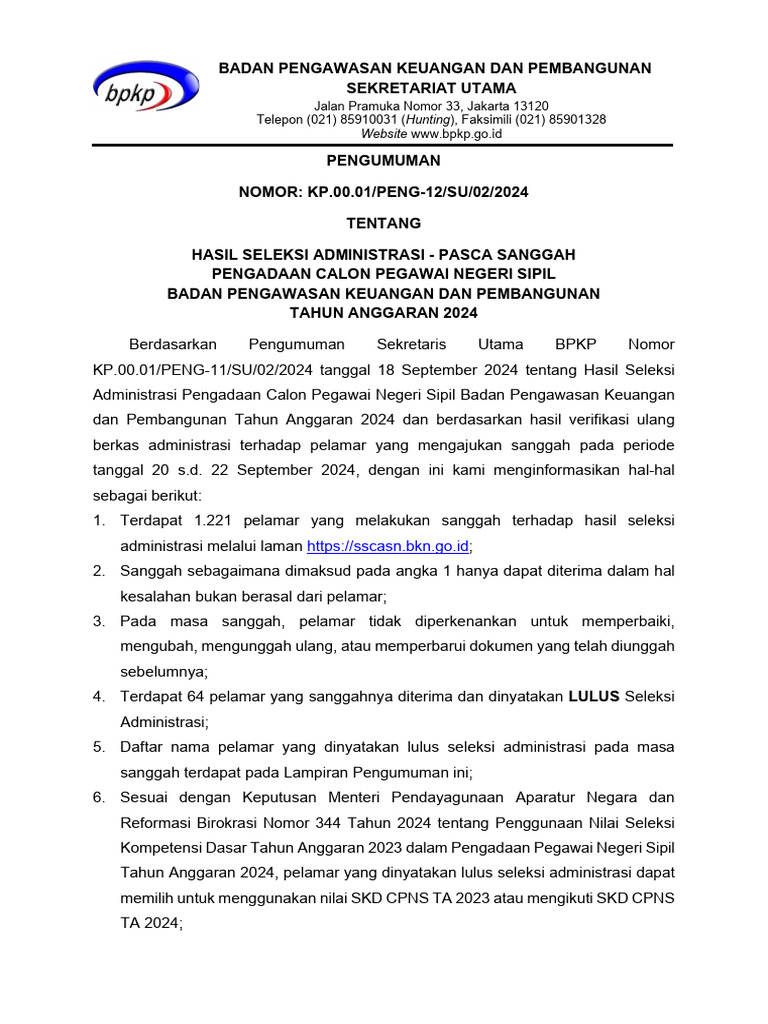 Hasil Seleksi Administrasi CPNS BPKP 2024 | PDF