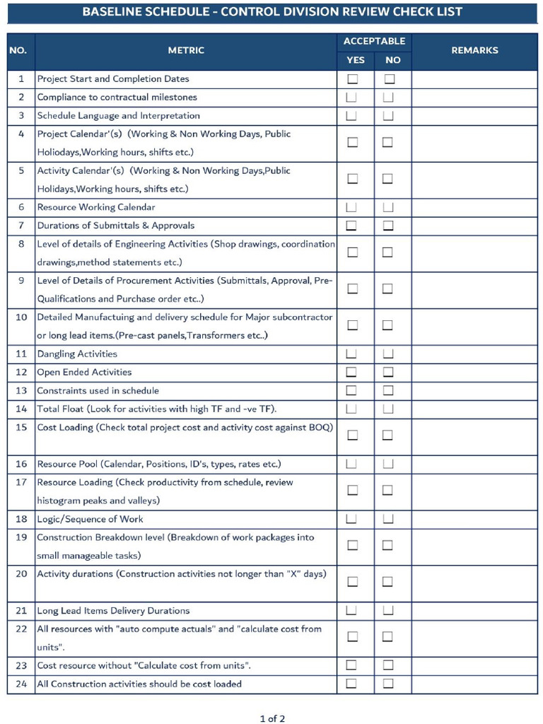 Baseline Schedule Checklist | PDF