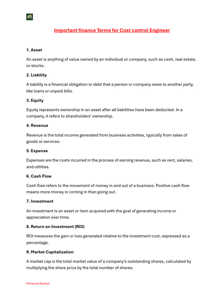 Key Finance Terms for Cost Control Engineers | PDF | Expense | Investing