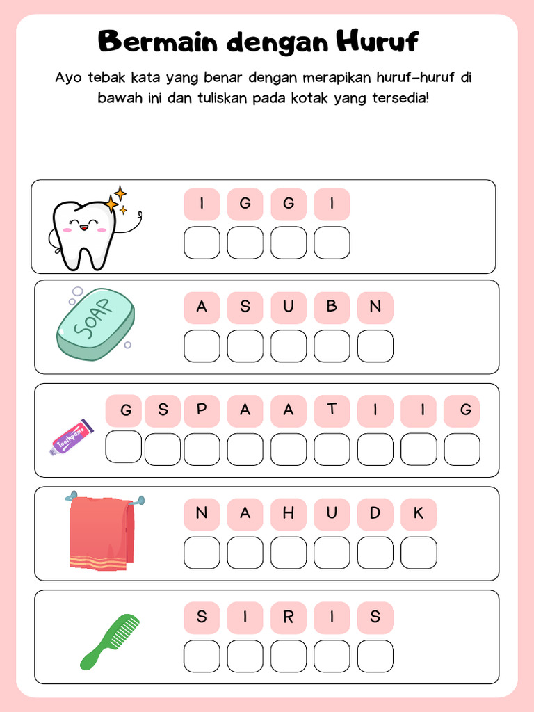 Menyusun Huruf Lembar Kerja Bahasa Indonesia Merah Muda Sederhana ...