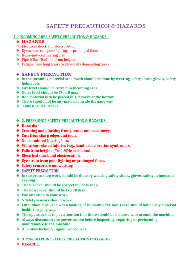 Safety Precaution Point of all Department . | PDF | Personal Protective ...