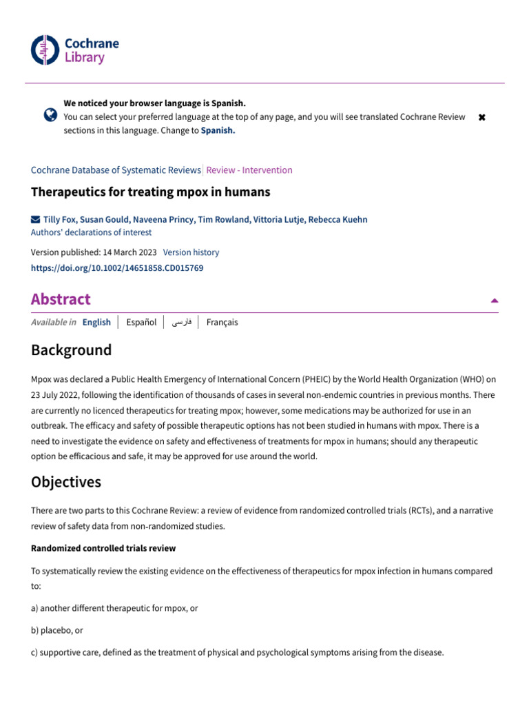 Therapeutics for treating mpox in humans - Fox, T - 2023 _ Cochrane Library | PDF | Randomized ...