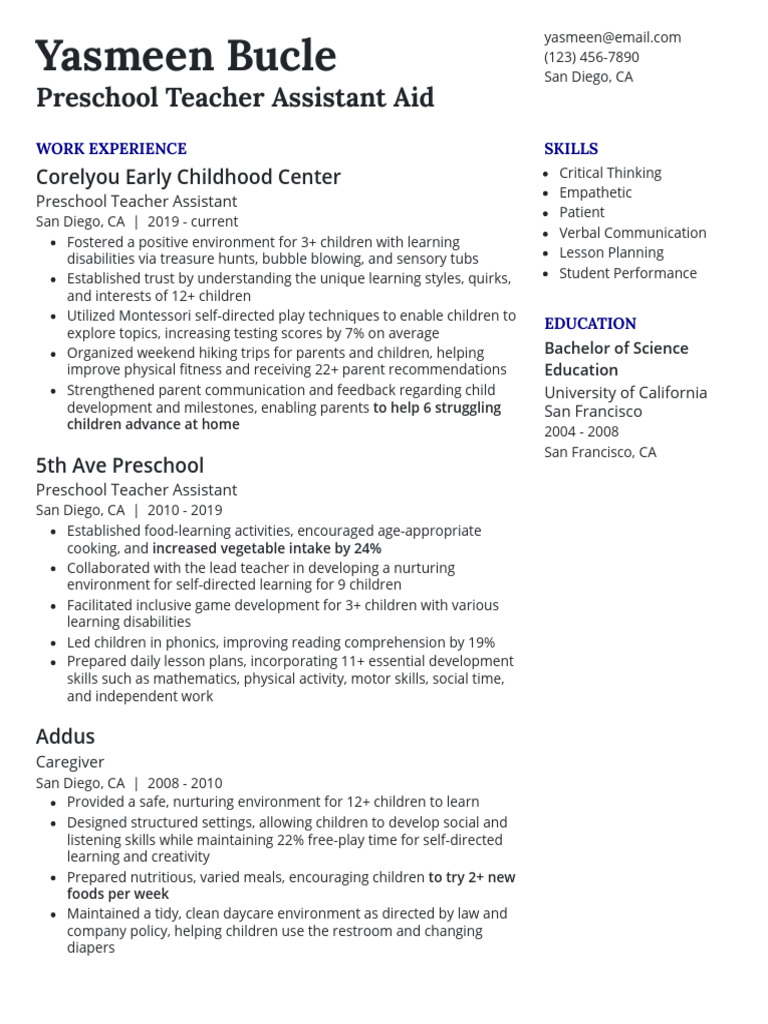 Preschool Teacher Assistant Aid Resume Example | PDF | Preschool ...