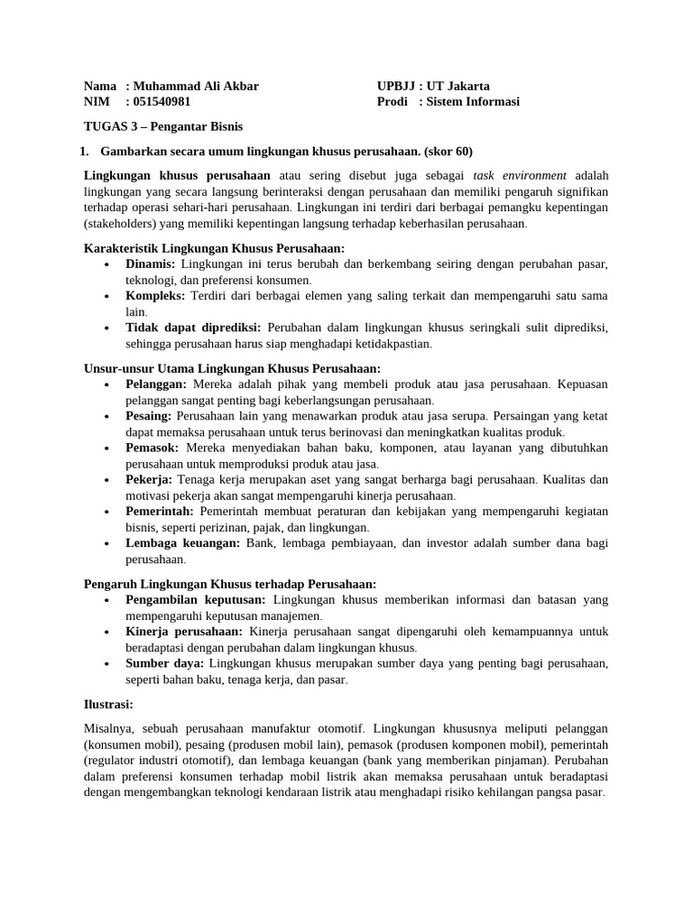 Tugas 3 - Pengantar Bisnis - Muhammad Ali Akbar - 051540981 | PDF